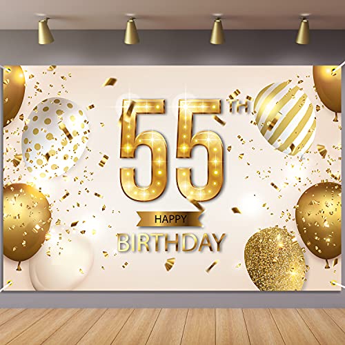 Happy 55th Birthday Backdrop Banner White Gold 55 Years Old Bday Background Decorations for Women Men Her Him Photography Party Supplies Glitter