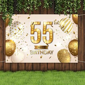 Happy 55th Birthday Backdrop Banner White Gold 55 Years Old Bday Background Decorations for Women Men Her Him Photography Party Supplies Glitter