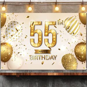 Happy 55th Birthday Backdrop Banner White Gold 55 Years Old Bday Background Decorations for Women Men Her Him Photography Party Supplies Glitter