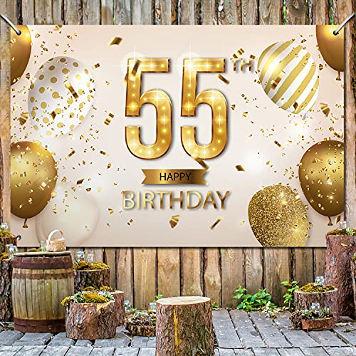 Happy 55th Birthday Backdrop Banner White Gold 55 Years Old Bday Background Decorations for Women Men Her Him Photography Party Supplies Glitter