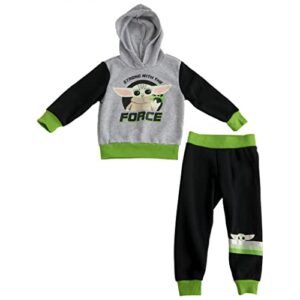 star wars baby yoda boys 2 piece “small but mighty” hoodie sweatshirt and jogger pants set (grey/green/black, 2t)