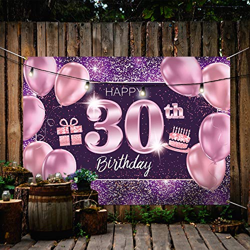 PAKBOOM Happy 30th Birthday Banner Backdrop - 30 Birthday Party Decorations Supplies for Women - Pink Purple Gold 4 x 6ft