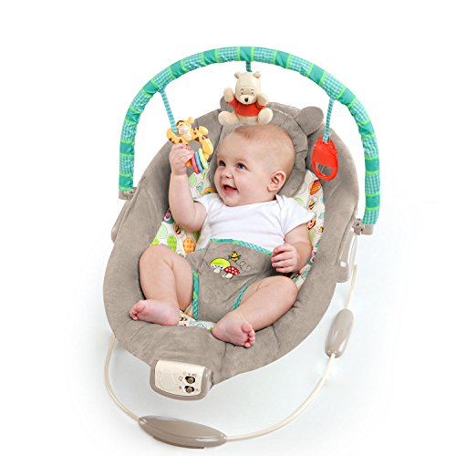 Bright Starts Winnie the Pooh Dots & Hunny Pots Baby Bouncer with Vibrating Infant Seat, Music & 3 Playtime Toys, 23x19x23 Inch