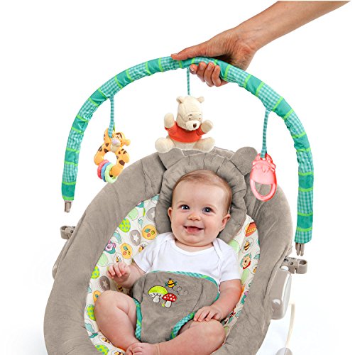 Bright Starts Winnie the Pooh Dots & Hunny Pots Baby Bouncer with Vibrating Infant Seat, Music & 3 Playtime Toys, 23x19x23 Inch