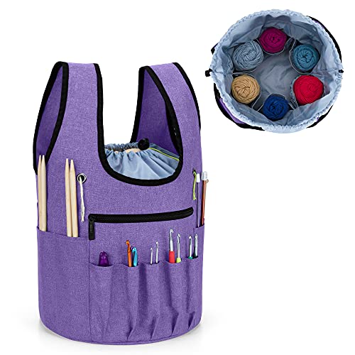 CURMIO Knitting Tote Bag, Yarn Project Wristlet Bag with Drawstring for Knitting Needles, Crochet Hooks and Supplies, Purple (Bag Only)