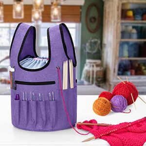 CURMIO Knitting Tote Bag, Yarn Project Wristlet Bag with Drawstring for Knitting Needles, Crochet Hooks and Supplies, Purple (Bag Only)