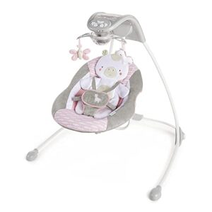 ingenuity inlighten 6-speed baby swing – easy-fold frame, swivel infant seat, nature sounds, light up mobile – flora the unicorn (pink)