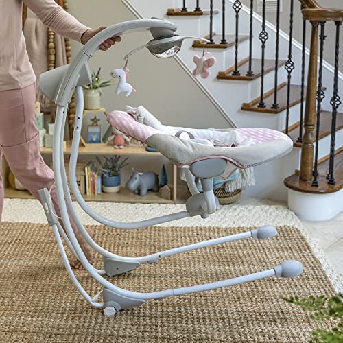 Ingenuity InLighten 6-Speed Baby Swing - Easy-Fold Frame, Swivel Infant Seat, Nature Sounds, Light Up Mobile - Flora the Unicorn (Pink)