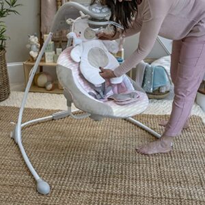 Ingenuity InLighten 6-Speed Baby Swing - Easy-Fold Frame, Swivel Infant Seat, Nature Sounds, Light Up Mobile - Flora the Unicorn (Pink)