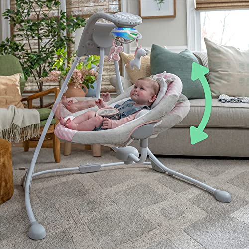 Ingenuity InLighten 6-Speed Baby Swing - Easy-Fold Frame, Swivel Infant Seat, Nature Sounds, Light Up Mobile - Flora the Unicorn (Pink)