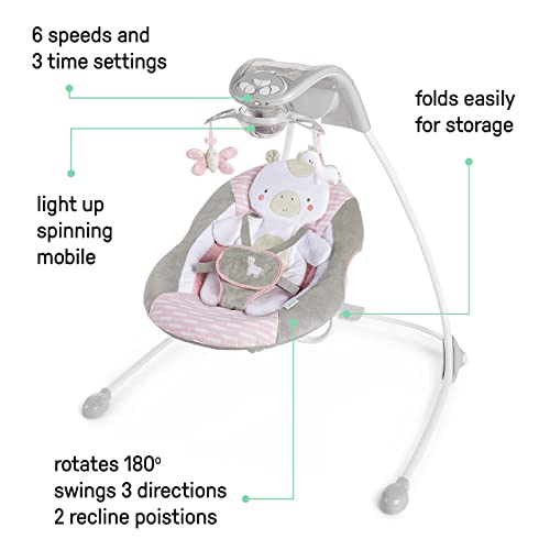 Ingenuity InLighten 6-Speed Baby Swing - Easy-Fold Frame, Swivel Infant Seat, Nature Sounds, Light Up Mobile - Flora the Unicorn (Pink)