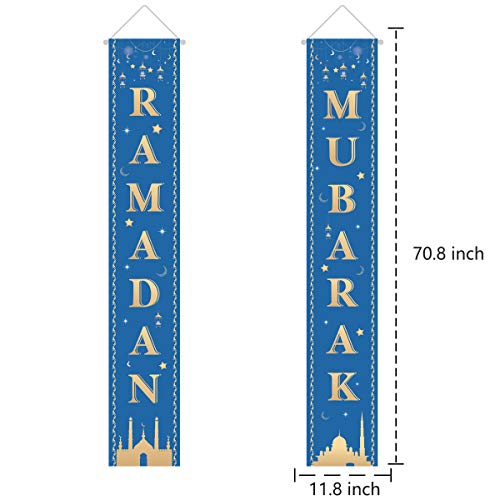 HONGFENG Ramadan Mubarak Porch Sign,Eid Mubarak Banner Indoor Outdoor Front Door Hanging Sign for Ramadan Mubarak Party Decoration (Blue)