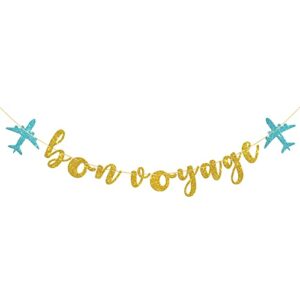 halodete bon voyage banner, retirement banner, farewell, going away, adventure awaits celebration party garland bunting decorations – gold glitter