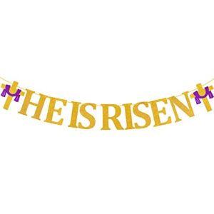 mallmall6 he is risen banner easter party decorations religious holiday supplies pre-strung glittery sign cross patterns ready to hang wall art jesus faith photo props for outdoor church fireplace