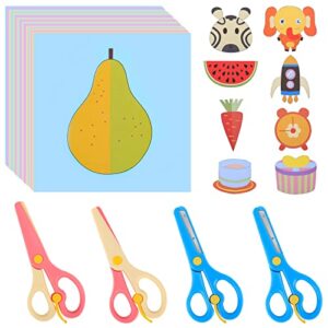 ucec toddler scissors kids paper cut 100 sheets, 2pcs plastic safety scissors + 2pcs stainless steel preschool training scissors, diy art craft origami paper child scissors for kids preschool child