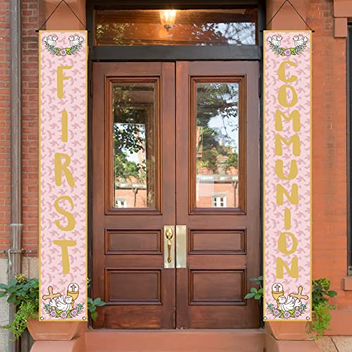 Pink First Communion Decorations Confirmation Porch Banner Baptism Front Porch Sign Christening 1st Communion Decoration and Supplies for Girls-12×71''