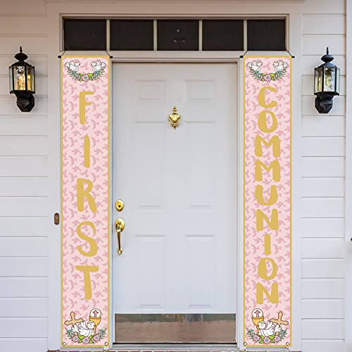 Pink First Communion Decorations Confirmation Porch Banner Baptism Front Porch Sign Christening 1st Communion Decoration and Supplies for Girls-12×71''