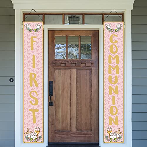 Pink First Communion Decorations Confirmation Porch Banner Baptism Front Porch Sign Christening 1st Communion Decoration and Supplies for Girls-12×71''