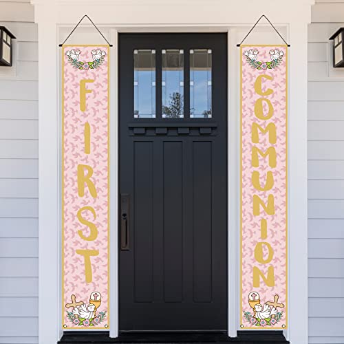 Pink First Communion Decorations Confirmation Porch Banner Baptism Front Porch Sign Christening 1st Communion Decoration and Supplies for Girls-12×71''