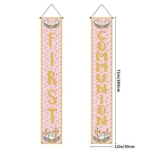 Pink First Communion Decorations Confirmation Porch Banner Baptism Front Porch Sign Christening 1st Communion Decoration and Supplies for Girls-12×71''