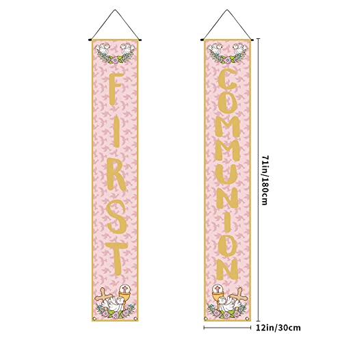 Pink First Communion Decorations Confirmation Porch Banner Baptism Front Porch Sign Christening 1st Communion Decoration and Supplies for Girls-12×71''