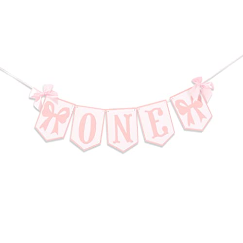 Pink and White Highchair Banner - Bow One Banner, Pink White Party Decor- Girl First Birthday Decor Cake Smash Prop (BOW PINK ONE)