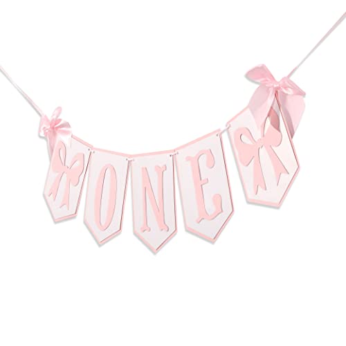 Pink and White Highchair Banner - Bow One Banner, Pink White Party Decor- Girl First Birthday Decor Cake Smash Prop (BOW PINK ONE)