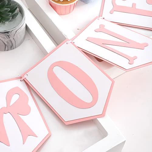 Pink and White Highchair Banner - Bow One Banner, Pink White Party Decor- Girl First Birthday Decor Cake Smash Prop (BOW PINK ONE)