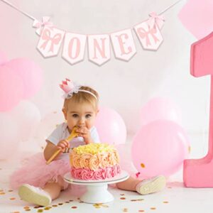 Pink and White Highchair Banner - Bow One Banner, Pink White Party Decor- Girl First Birthday Decor Cake Smash Prop (BOW PINK ONE)