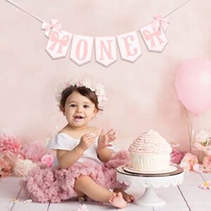 Pink and White Highchair Banner - Bow One Banner, Pink White Party Decor- Girl First Birthday Decor Cake Smash Prop (BOW PINK ONE)