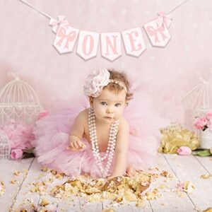 Pink and White Highchair Banner - Bow One Banner, Pink White Party Decor- Girl First Birthday Decor Cake Smash Prop (BOW PINK ONE)