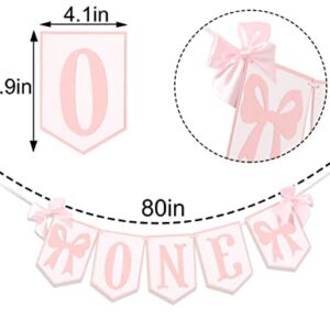 Pink and White Highchair Banner - Bow One Banner, Pink White Party Decor- Girl First Birthday Decor Cake Smash Prop (BOW PINK ONE)