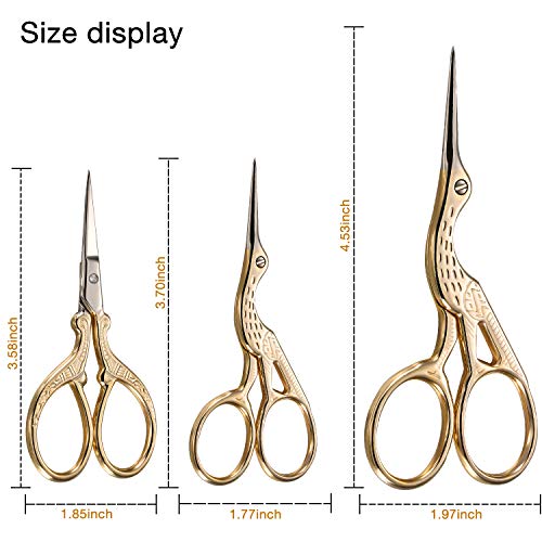 3 Pieces Stork Scissors Stainless Steel Crane Design Sewing Scissors Embroidery Scissors Tailor Scissors Dressmaker Shears for Embroidery, Paper Cutting, Sewing and Daily Activities (Gold)