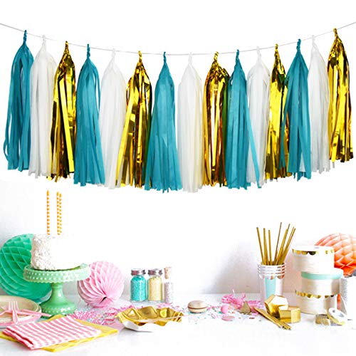 HappyField Teal White Gold Tissue Paper Tassel Garland for Birthday Party, Hen Party, Bridal Shower, Baby Shower, Wedding, Bachelorette, Table Decor Event & Party Decorations, DIY Kits