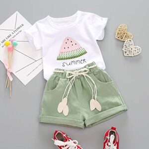 Xfglck 1-4T Toddler Kids Baby Girls Summer Outfits Clothes Watermelon Print Tops + Shorts Pants with Belt Short Set (Green set, 3-4 y)