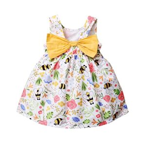 toddler girls patchwork bowknot dress bee floral prints sleeveless dresses casual soft ruffle swing clothes (yellow, 9-12 months)