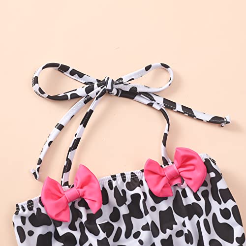 Toddler Baby Girls Swimsuit Bikini Sets Halter Sleeveless Crop Tube Top Ruffle Shorts Sun Hat 3Pcs Bathing Suit (Black Cow Print, 12-18 Months)