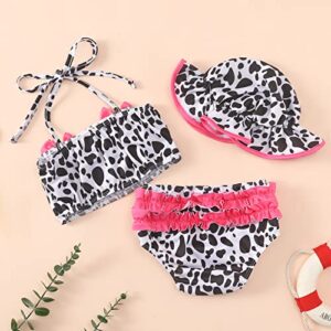 Toddler Baby Girls Swimsuit Bikini Sets Halter Sleeveless Crop Tube Top Ruffle Shorts Sun Hat 3Pcs Bathing Suit (Black Cow Print, 12-18 Months)