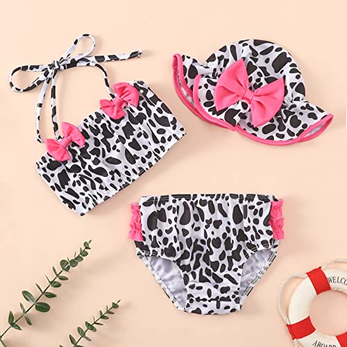 Toddler Baby Girls Swimsuit Bikini Sets Halter Sleeveless Crop Tube Top Ruffle Shorts Sun Hat 3Pcs Bathing Suit (Black Cow Print, 12-18 Months)