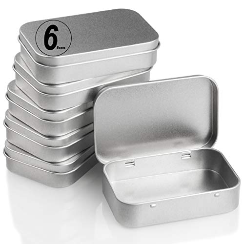 CenterZ 6 Pack Hinged Tin Box Containers - 3.7 x 2.4 x 0.8 inch Metal Tins Storage Boxes with Lids, Rectangular Empty Small Home Craft Organizer for Gift, Jewelery, Pill, Candy, Matches, Soap (Silver)