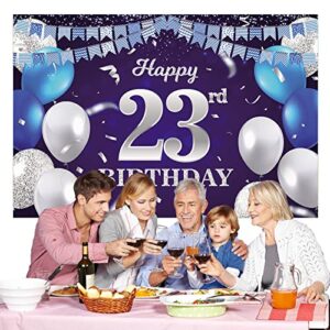 Happy 23rd Birthday Banner Backdrop Navy Blue Balloons Confetti Stripe Flag Light Spots Cheers to 23 Years Old Theme Decorations Decor for Women Men 23rd Birthday Party Bday Supplies Glitter Silver