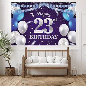 Happy 23rd Birthday Banner Backdrop Navy Blue Balloons Confetti Stripe Flag Light Spots Cheers to 23 Years Old Theme Decorations Decor for Women Men 23rd Birthday Party Bday Supplies Glitter Silver