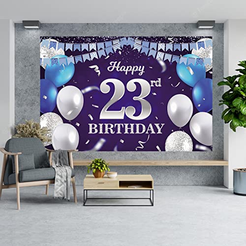 Happy 23rd Birthday Banner Backdrop Navy Blue Balloons Confetti Stripe Flag Light Spots Cheers to 23 Years Old Theme Decorations Decor for Women Men 23rd Birthday Party Bday Supplies Glitter Silver