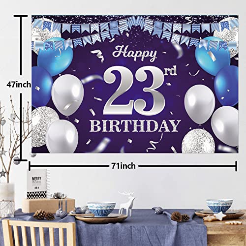 Happy 23rd Birthday Banner Backdrop Navy Blue Balloons Confetti Stripe Flag Light Spots Cheers to 23 Years Old Theme Decorations Decor for Women Men 23rd Birthday Party Bday Supplies Glitter Silver