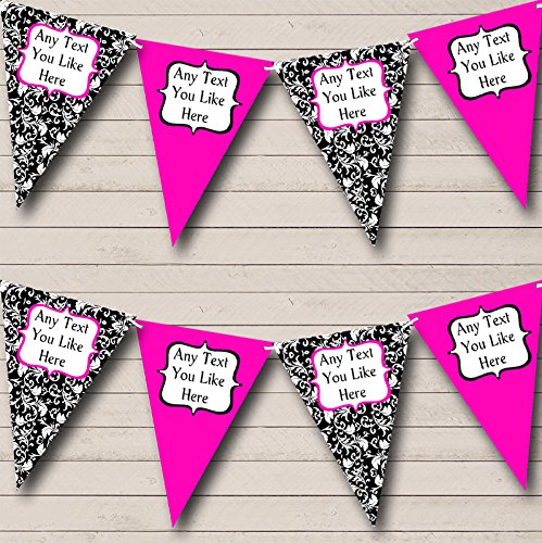 Hot Pink White Black Damask Personalized Hen Do Night Party Bunting Banner