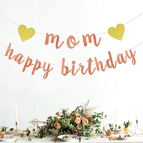 Rose Gold Glitter Happy Birthday Mom Banner - Cheers to Mother's Birthday Bunting Sign- Birthday Party Decorations Supplies for Women