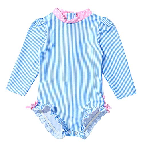 Yeeye Baby Girls Long Sleeve Printed One Piece Swimsuit UPF50+ Sun Protection Rashguard Shirt with Zipper Blue,White 3-6 Months