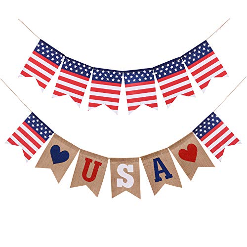 4th of July Decorations,Fourth of July Patriotic Party Decorations Supplies, Pack of 2Pack American Patriotic Banner Jute Burlap Love USA and US Flag Bunting (2Pack Banner)