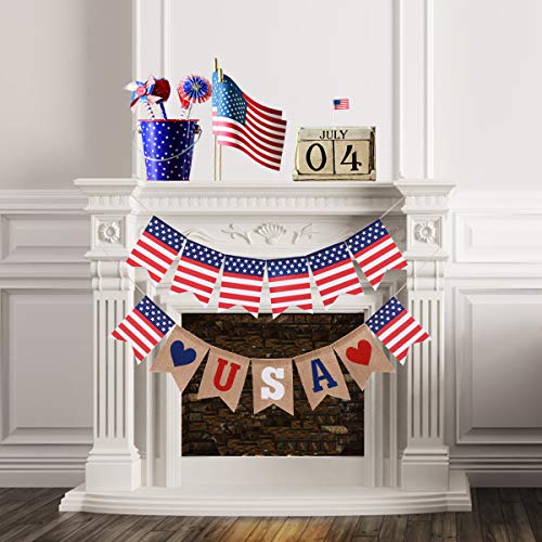 4th of July Decorations,Fourth of July Patriotic Party Decorations Supplies, Pack of 2Pack American Patriotic Banner Jute Burlap Love USA and US Flag Bunting (2Pack Banner)