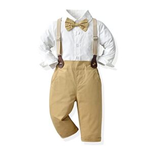 moyikiss studio toddler dress clothes baby boys gentleman outfits white bowtie shirts+suspender pants sets(khaki,70/6-12 months)